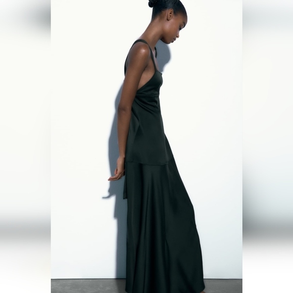 Zara | Dresses | Bnwt Zara Long Satin Effect Dress In Bottle Green Color | Poshmark